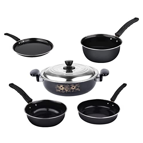 ATEVON 5-Piece Nonstick Cookware Set in Black - Includes Kadai with Lid ...