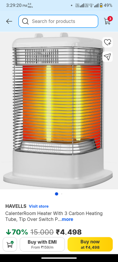 CalenterRoom Heater With 3 Carbon Heating Tube, Tip Over Switch ...