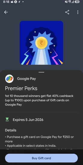 Gpay Flat 40% Cashback upto 100 on Gift Card Purchase of Min 250 | Desidime