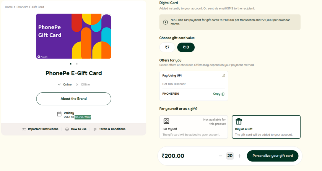 Woohoo - PhonePe Gift Card @10% Discount | Denomination: 10 | Max ...