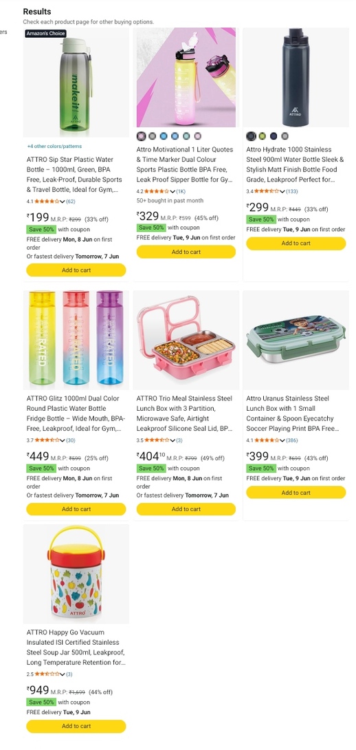ATTRRO Bottles & Lunch Boxes | Apply 50% Off Coupon @ Amazon | Desidime