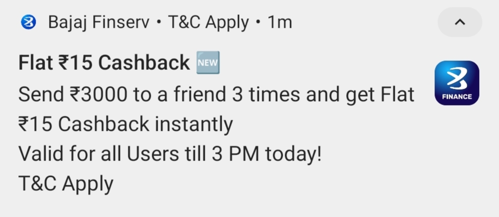 Bajaj - Send ₹3000 to a friend 3 times and get Flat 15 Cashback ...